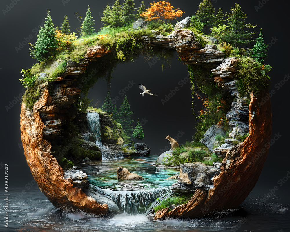 Surreal scene of a self-contained ecosystem within a circular rock ...