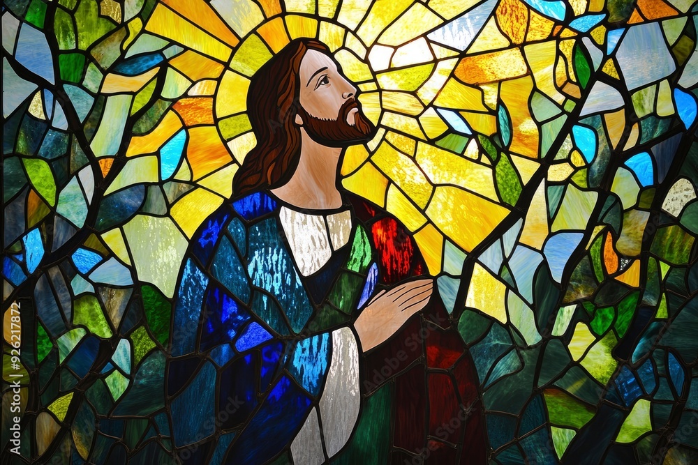 Stained Glass Jesus: Sermon on the Mount with Blues & Greens, Golden ...