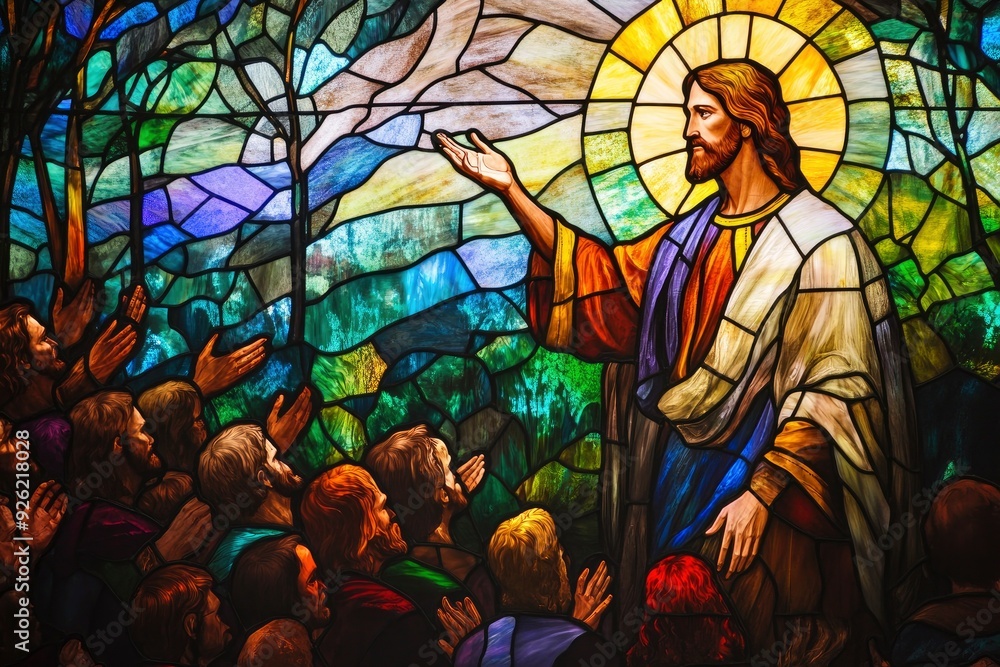 Stained Glass Jesus: Sermon on the Mount with Blues & Greens, Golden ...