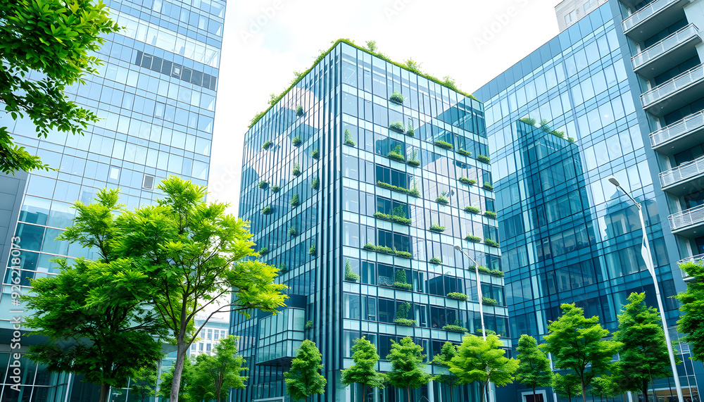 ภาพประกอบสต็อก Eco-friendly building in modern city. Sustainable glass ...