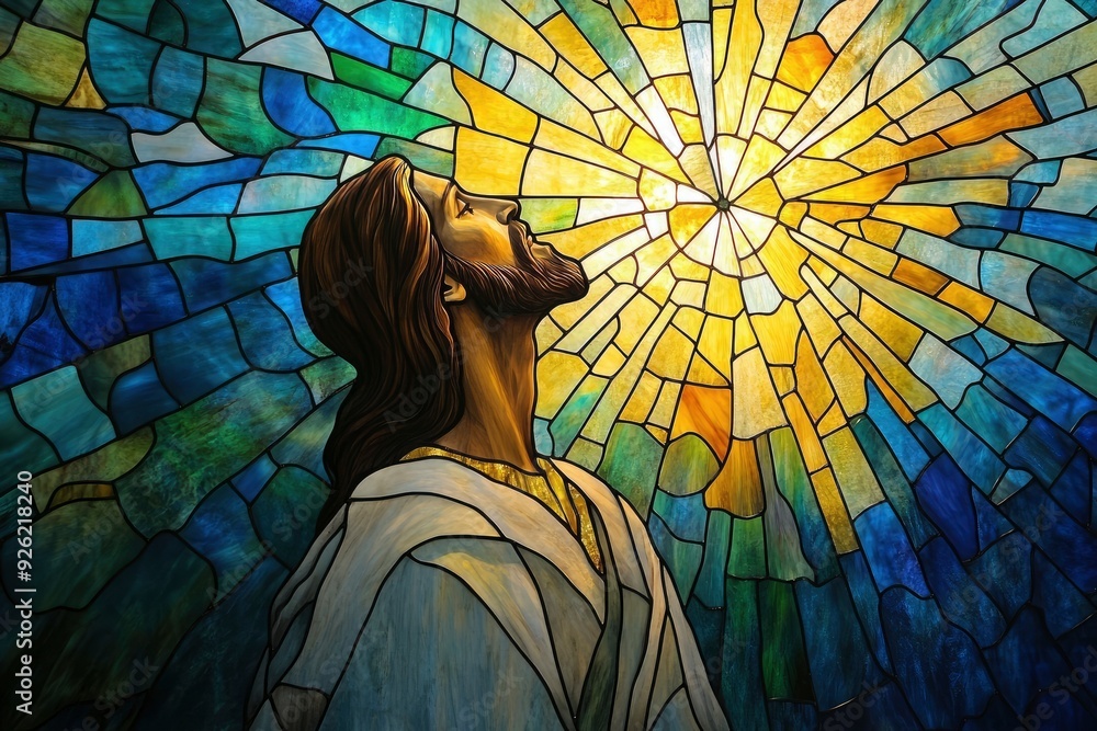 Stained Glass Jesus: Sermon on the Mount with Blues & Greens, Golden ...