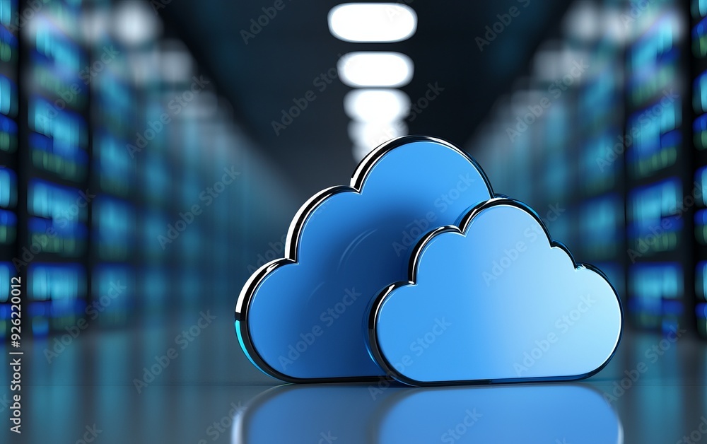 A modern depiction of cloud storage technology with blue clouds in a ...