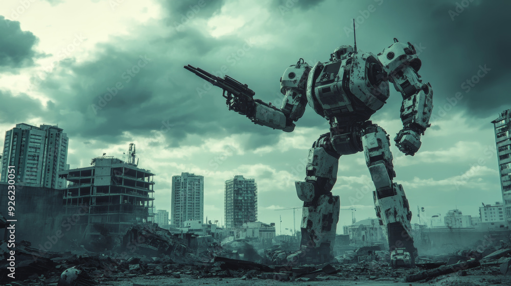 3D illustration of a sci-fi mech in an attacking pose, standing amidst ...