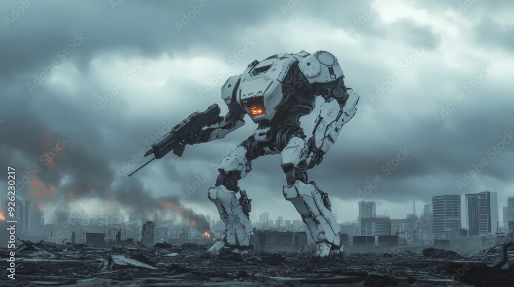 3D illustration of a sci-fi mech in an attacking pose, standing amidst ...