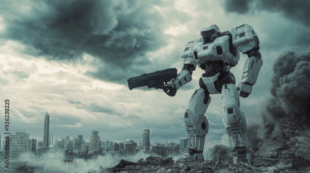 3D illustration of a sci-fi mech in an attacking pose, standing amidst ...