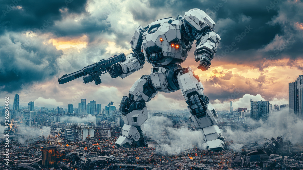 3D illustration of a sci-fi mech in an attacking pose, standing amidst ...