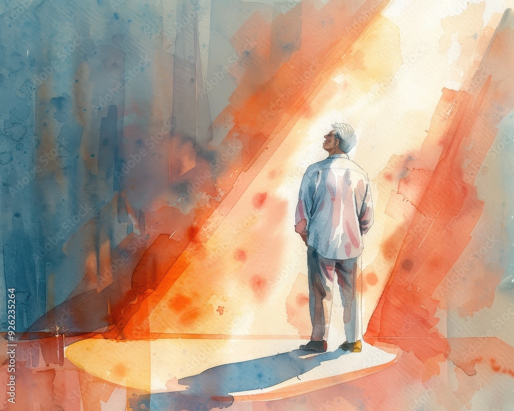 Vintage Senior Actor in Watercolor Style Rehearsing Lines on Theater ...