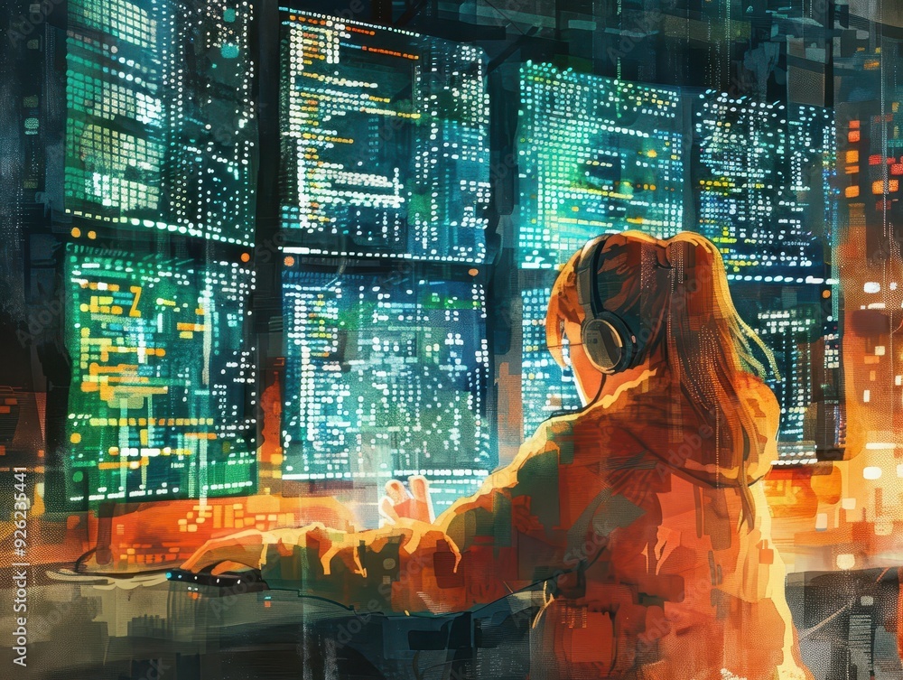 Digitally Immersed: Intense Gen Z Coder Hacking Complex System in Watercolor Style with Cryptic ...