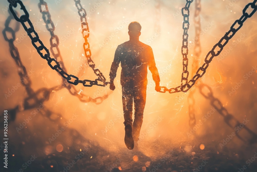 A man breaking free from heavy chains that are falling apart around him ...