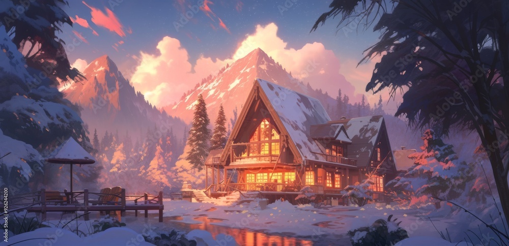 Enchanting Anime-Style Winter Retreat: A Cozy Mountain Cabin Amidst ...
