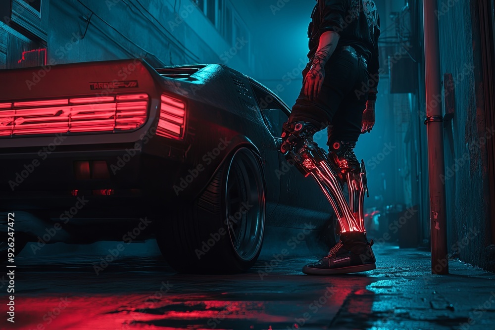 Cyberpunk Street Racer with Bionic Legs Leaning Against Modified Muscle ...
