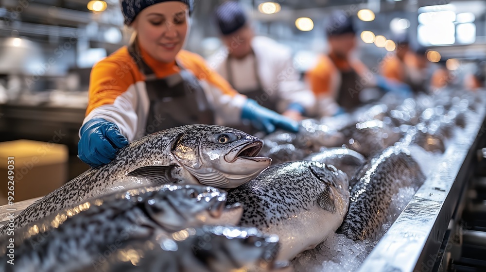A line of workers in protective clothing handling fresh fish on an icy ...