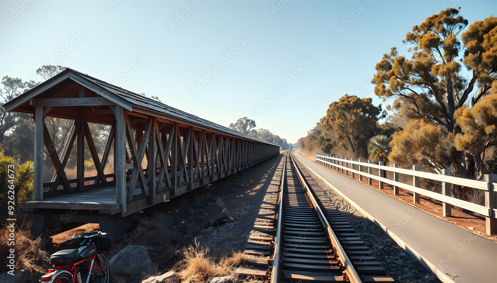 Old wooden train bridge next to a new tourism cycle path on a historic ...