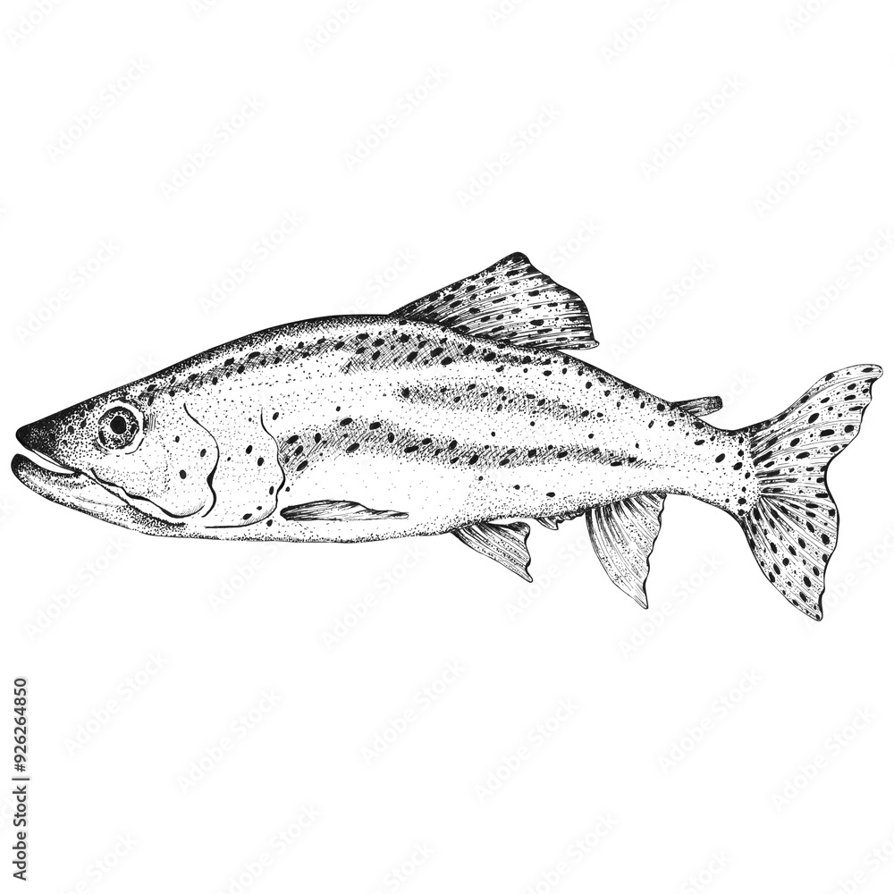 Rainbow trout ink illustration. Hand-drawn. River fish. Fishing clipart ...