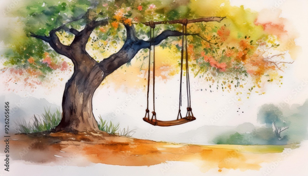 Watercolor illustration for the teej festival with a traditional swing ...