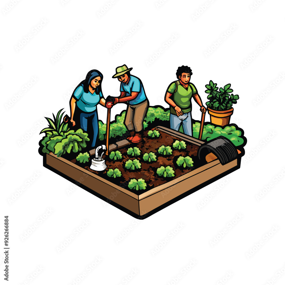 Vector artwork of a community garden with six diverse people tending to ...