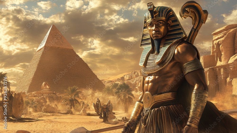A majestic image of an Egyptian Pharaoh dressed in traditional royal ...