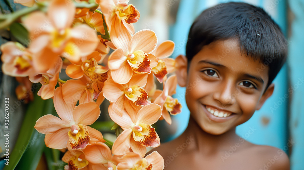 child and orchid, kid with orchid plant, orchid child, youth tending to ...