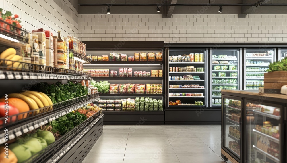 Grocery store shelves stocked with produce and packaged goods. Stock ...