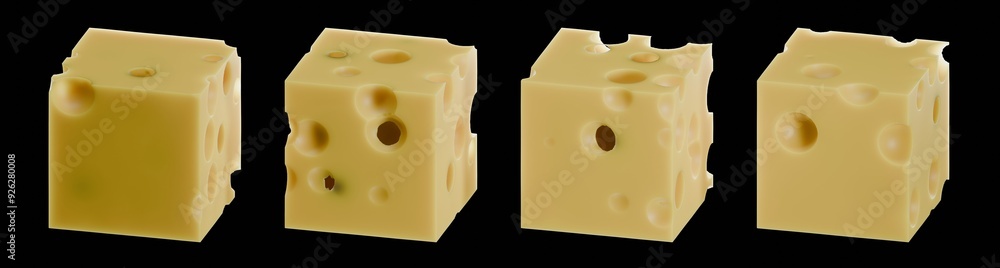 Set of four 3D rendered Swiss cheese cubes with distinct holes arranged ...