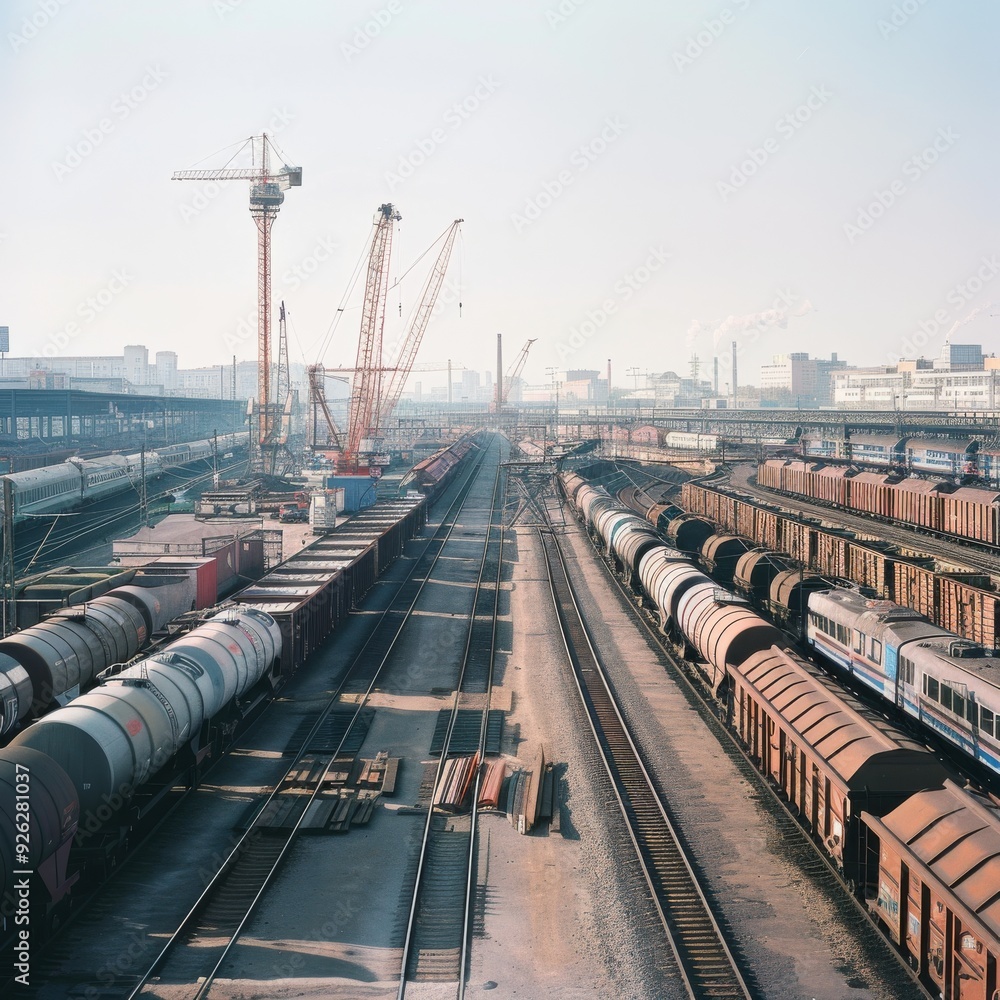 Industrial landscape featuring freight trains lined up at a busy ...