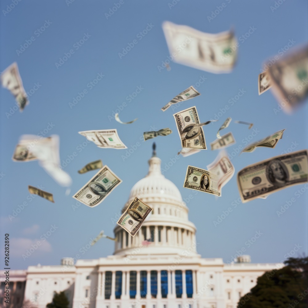 Dollar bills float through the air in front of the iconic US Capitol ...