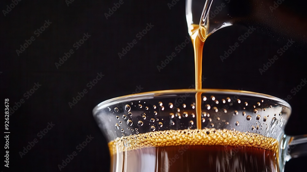 Close-up of coffee droplets falling from a dripper into a clear glass ...