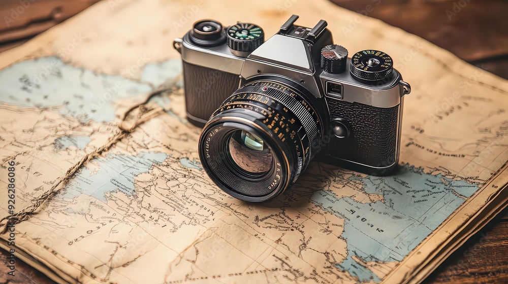 vintage camera placed on an old map, symbolizing travel and exploration ...