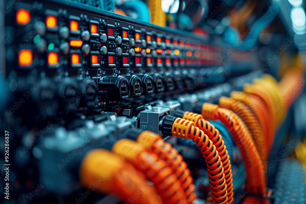 intricate interweaving of control cables within control panel of DCS ...
