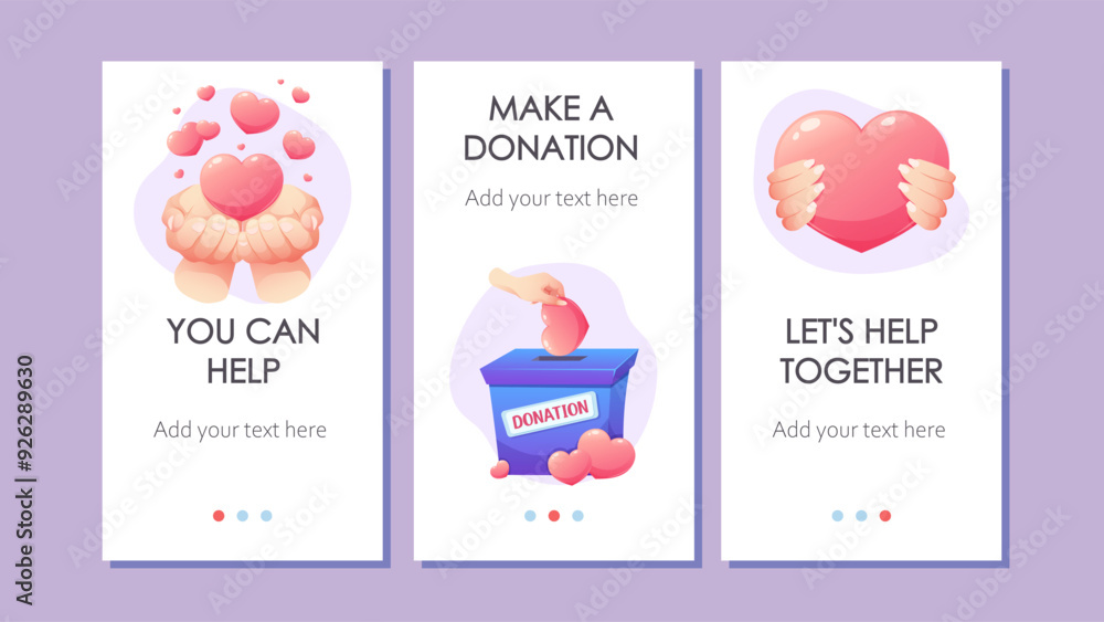 Donation Poster Set. Vector template for mobile app, banners. Hands ...