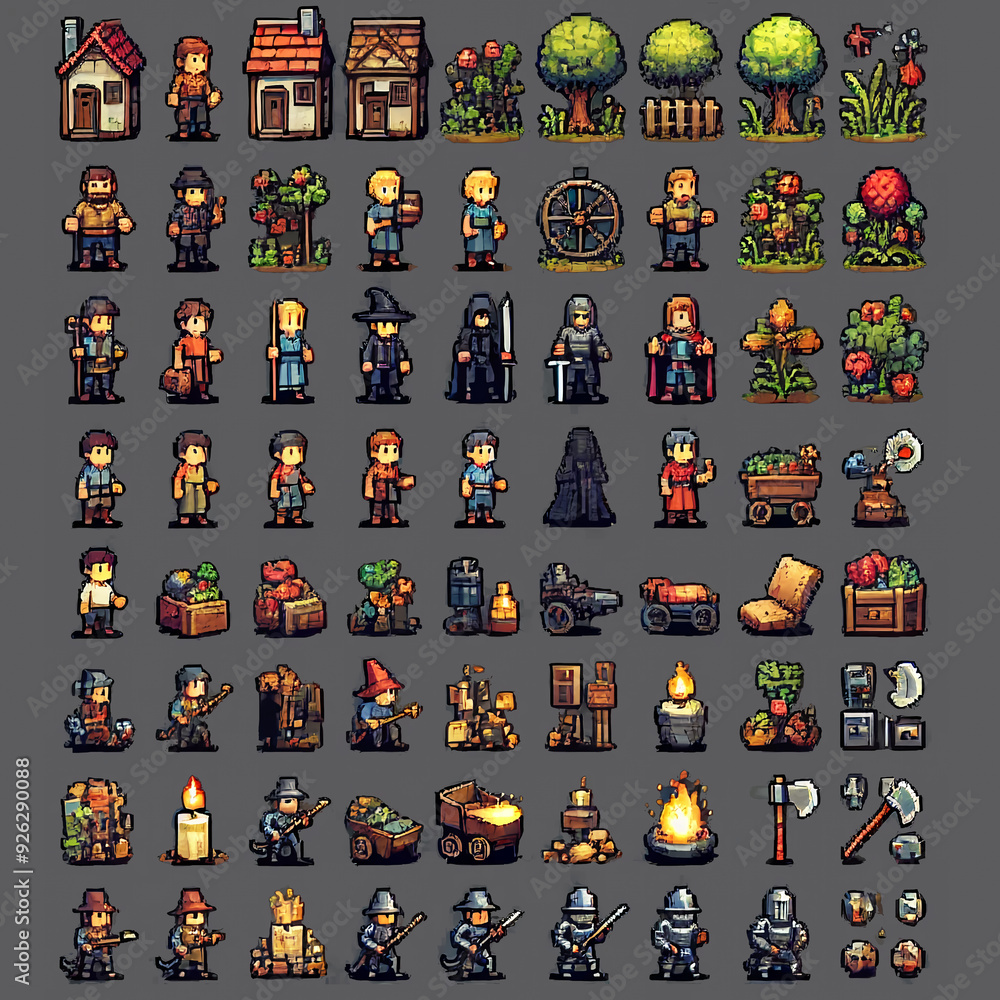 Detailed sprite sheet of RPG pixel art icons featuring Little People ...