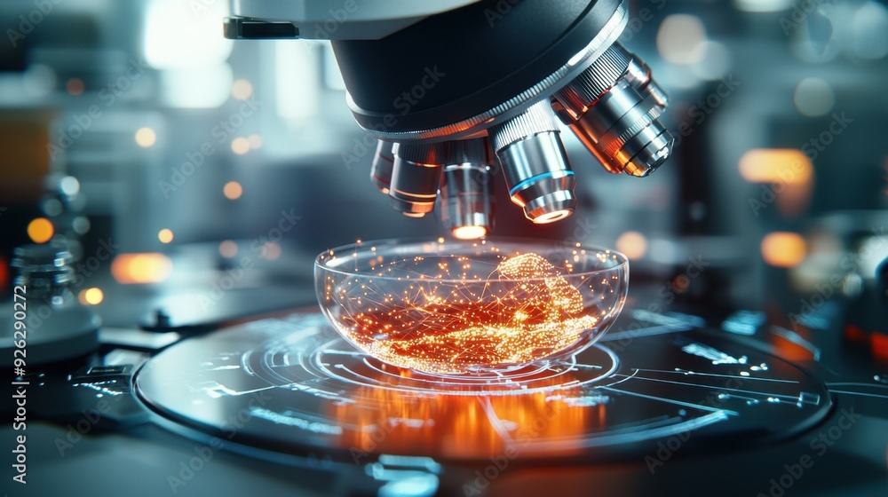 Detailed close-up shot of a high-tech futuristic microscope in a ...