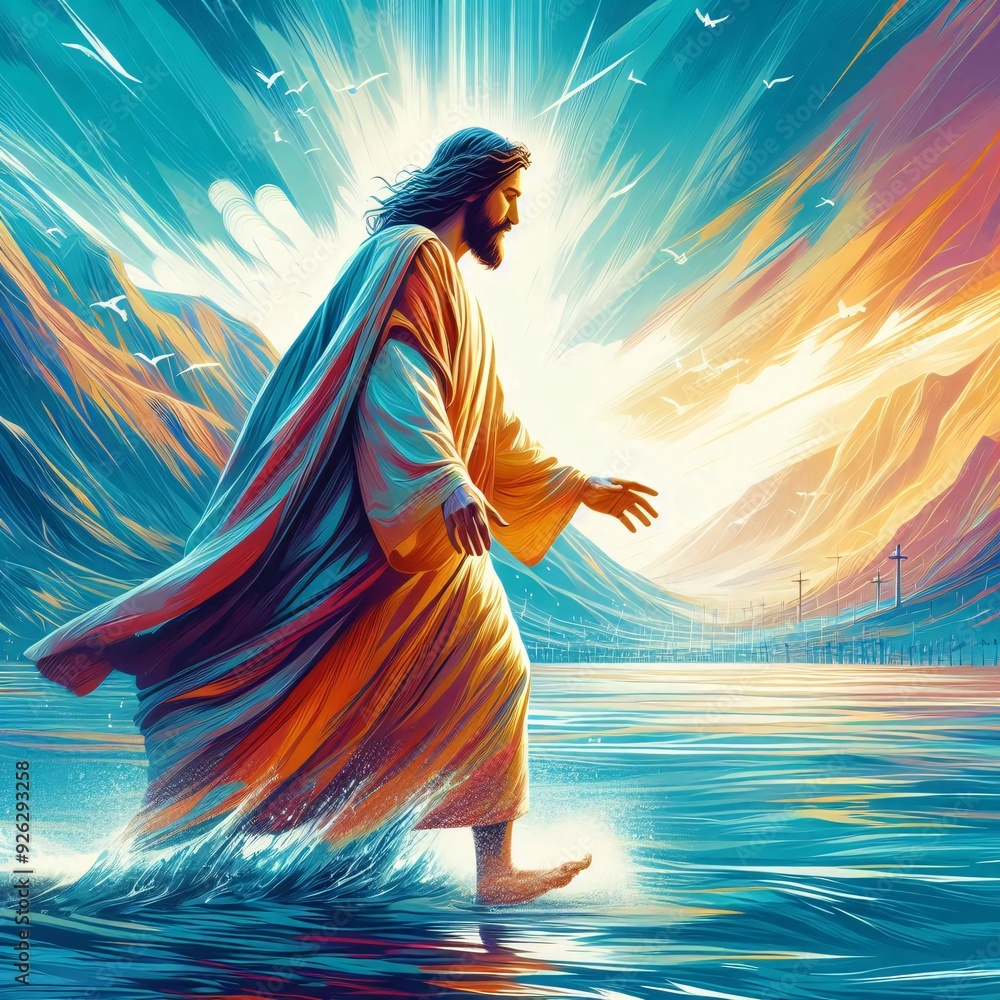 Illustration of Jesus Christ Performing the Miracle of Walking on Water ...