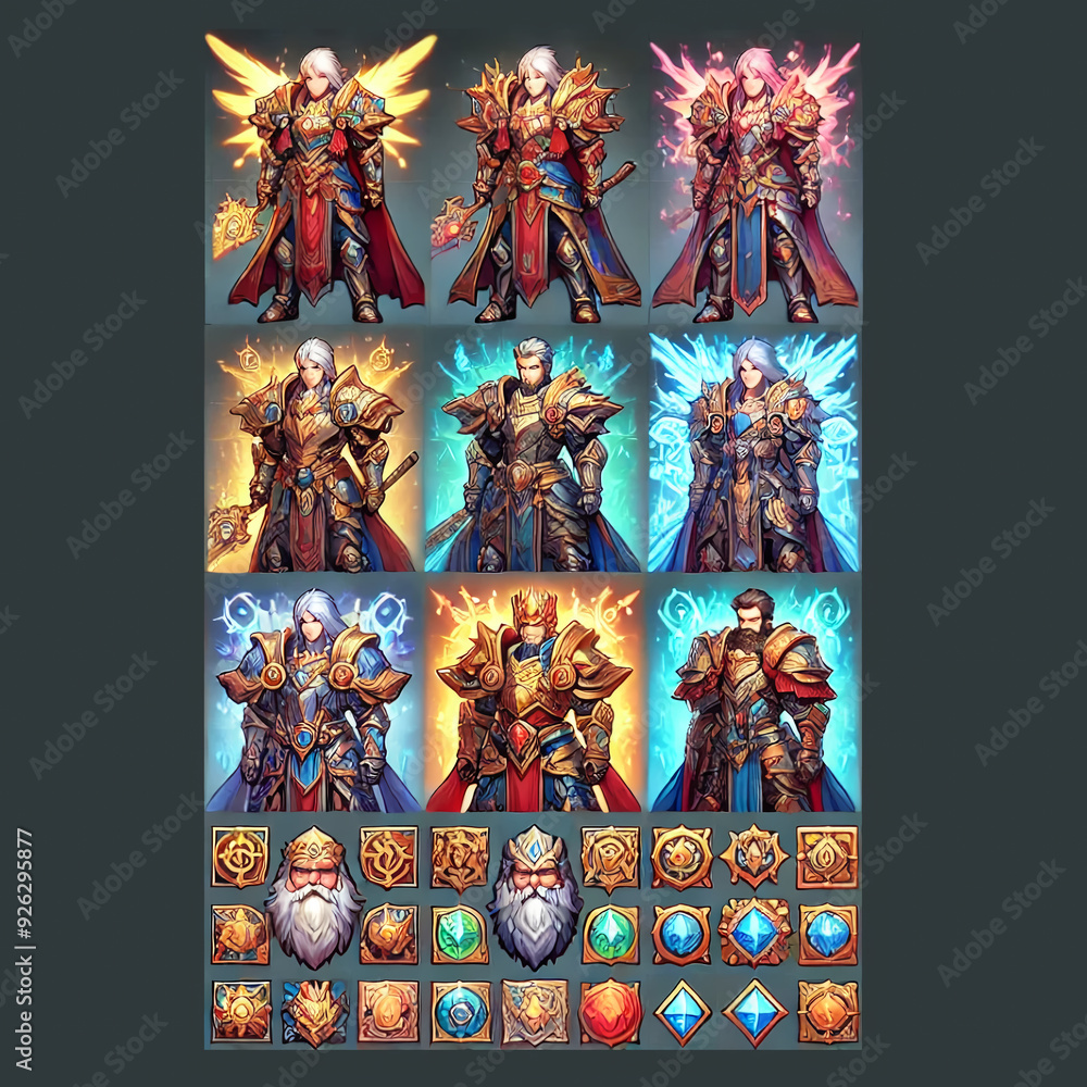 High-quality sprite sheet with icons of paladins with intricate armor ...
