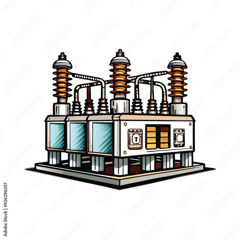 Cartoon illustration of an electric power substation, featuring ...