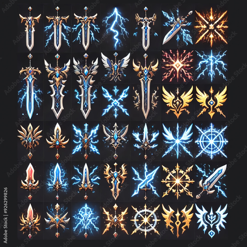 High-quality sprite sheet with icons of lightning swords with effects ...