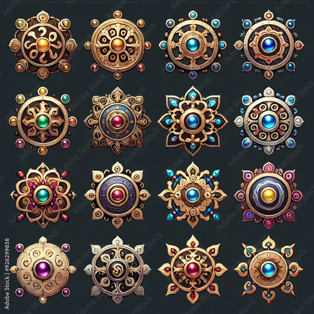 High-quality sprite sheet with icons of chakrams with intricate designs ...