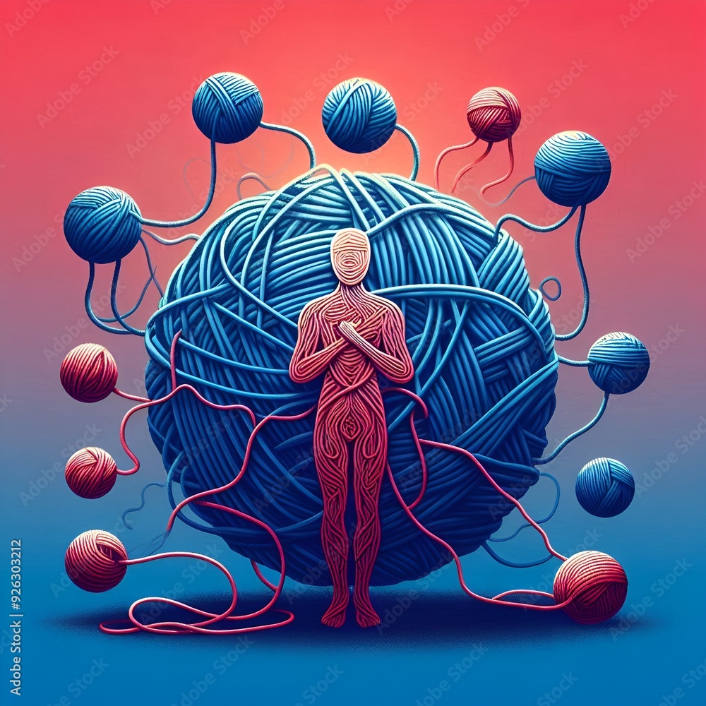 A tangled ball of yarn with threads leading to different parts of a ...
