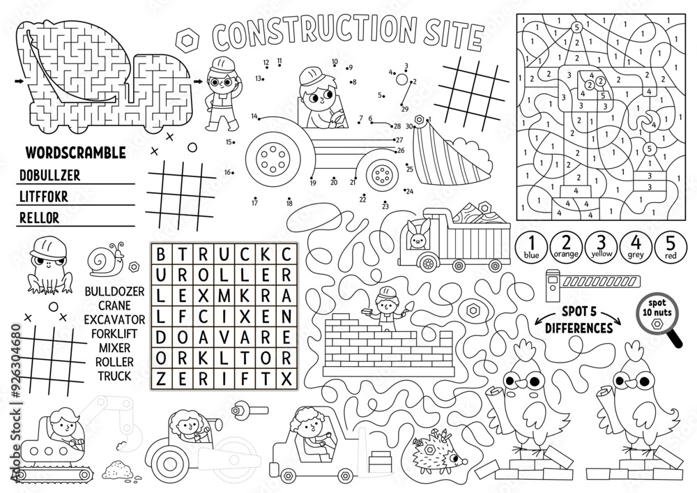 Vector construction site placemat for kids. Building works printable ...