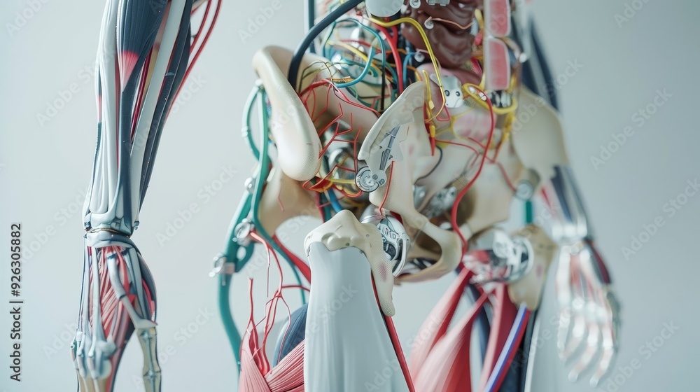 Detailed anatomical model showcasing human musculature, circulatory ...