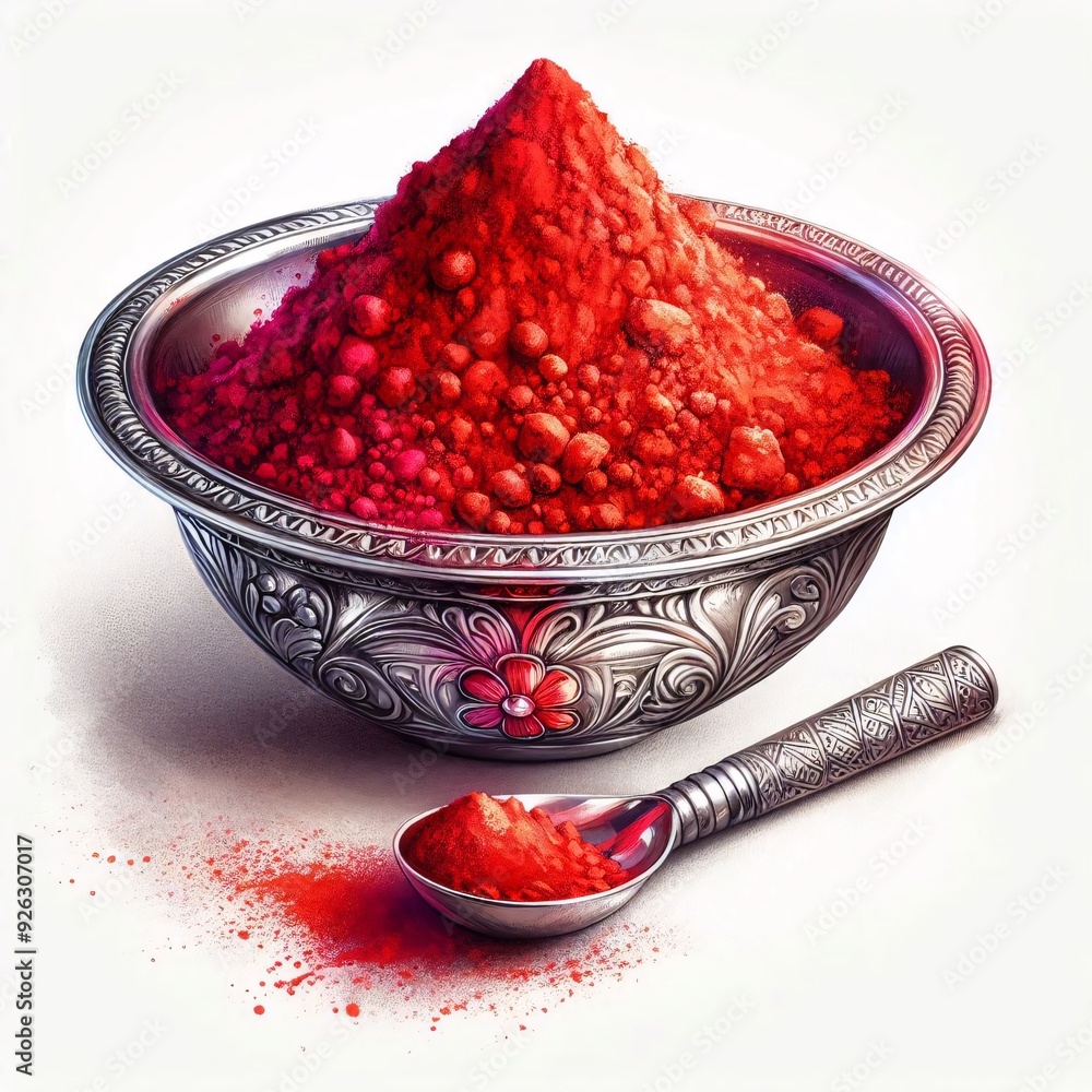 Watercolor Illustration of Kumkum Powder in a Silver Bowl, Used in ...