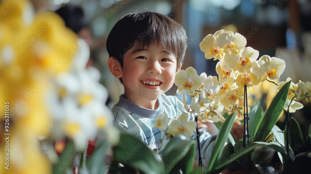 child and orchid, kid with orchid plant, orchid child, youth tending to ...