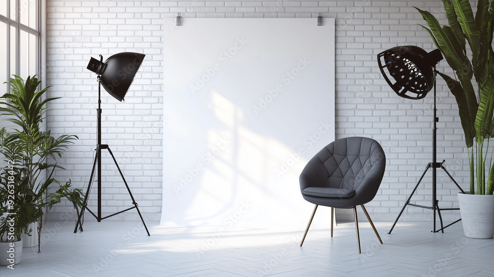 Interior of a sleek photo studio with a white brick wall backdrop ...