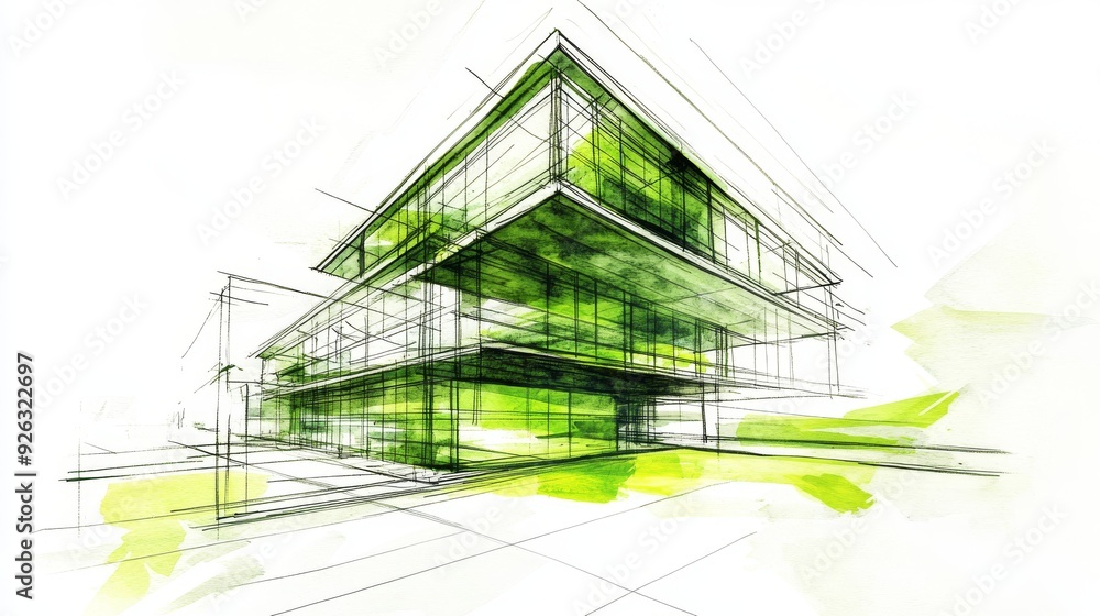 Sketch of a modern green building concept with eco-friendly ...