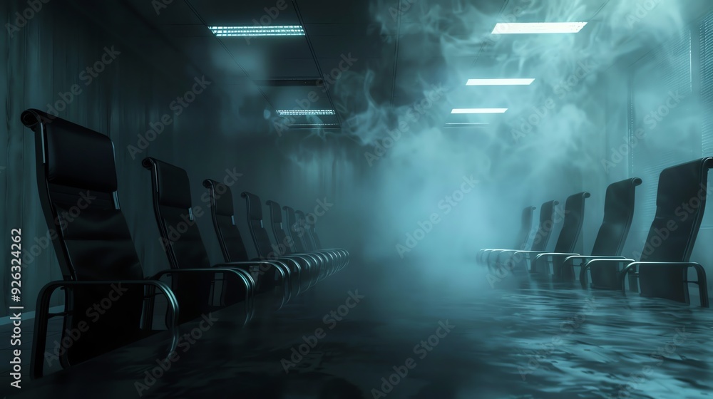 Eerie dimly lit boardroom filled with smoke and rows of empty chairs ...