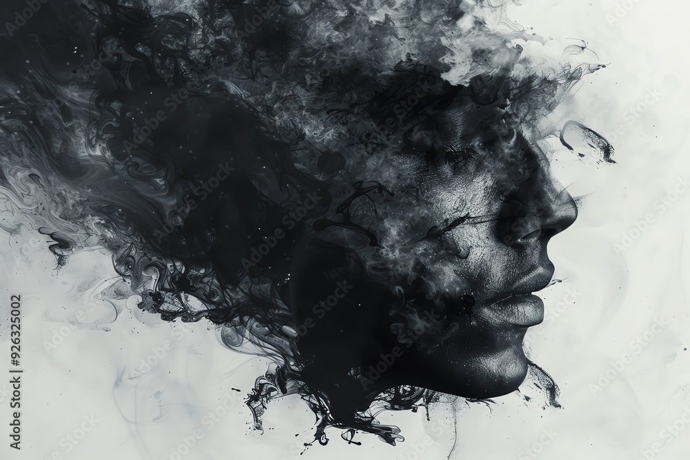 Abstract digital artwork of a face merging into an artful blend of ...