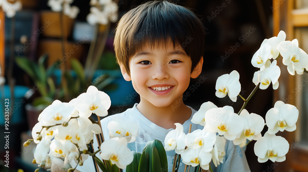 child and orchid, kid with orchid plant, orchid child, youth tending to ...