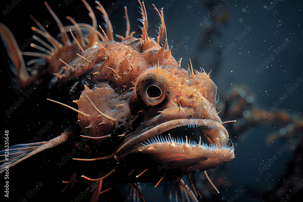 Scary looking photo of a deep-sea fish in murky water. Frightening and ...