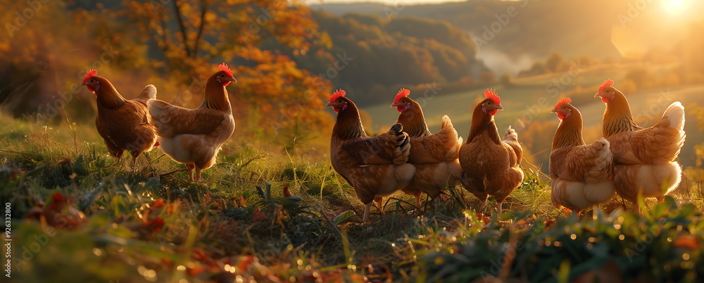 Free range laying hens both in the field and in a commercial coop. The ...