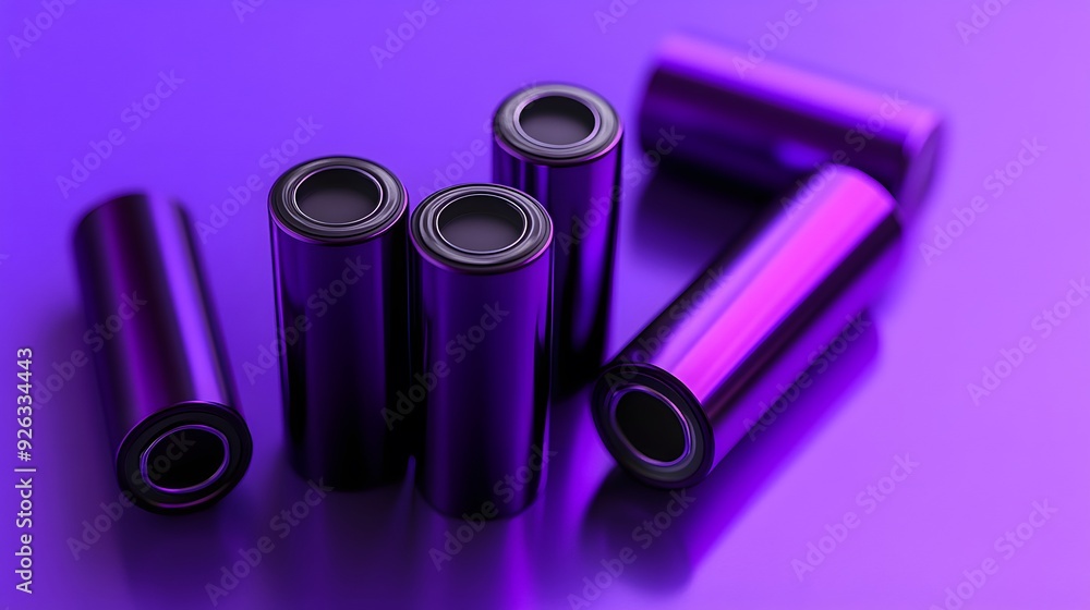 A group of purple cylinders are arranged on a purple background. The ...